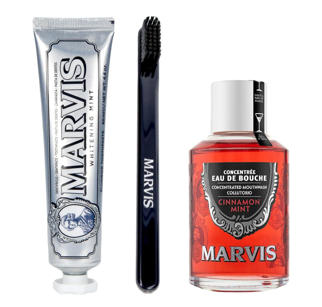 Marvis Whitening Mint Toothpaste & Toothbrush & Mouthwash Cinnamon Mint ...