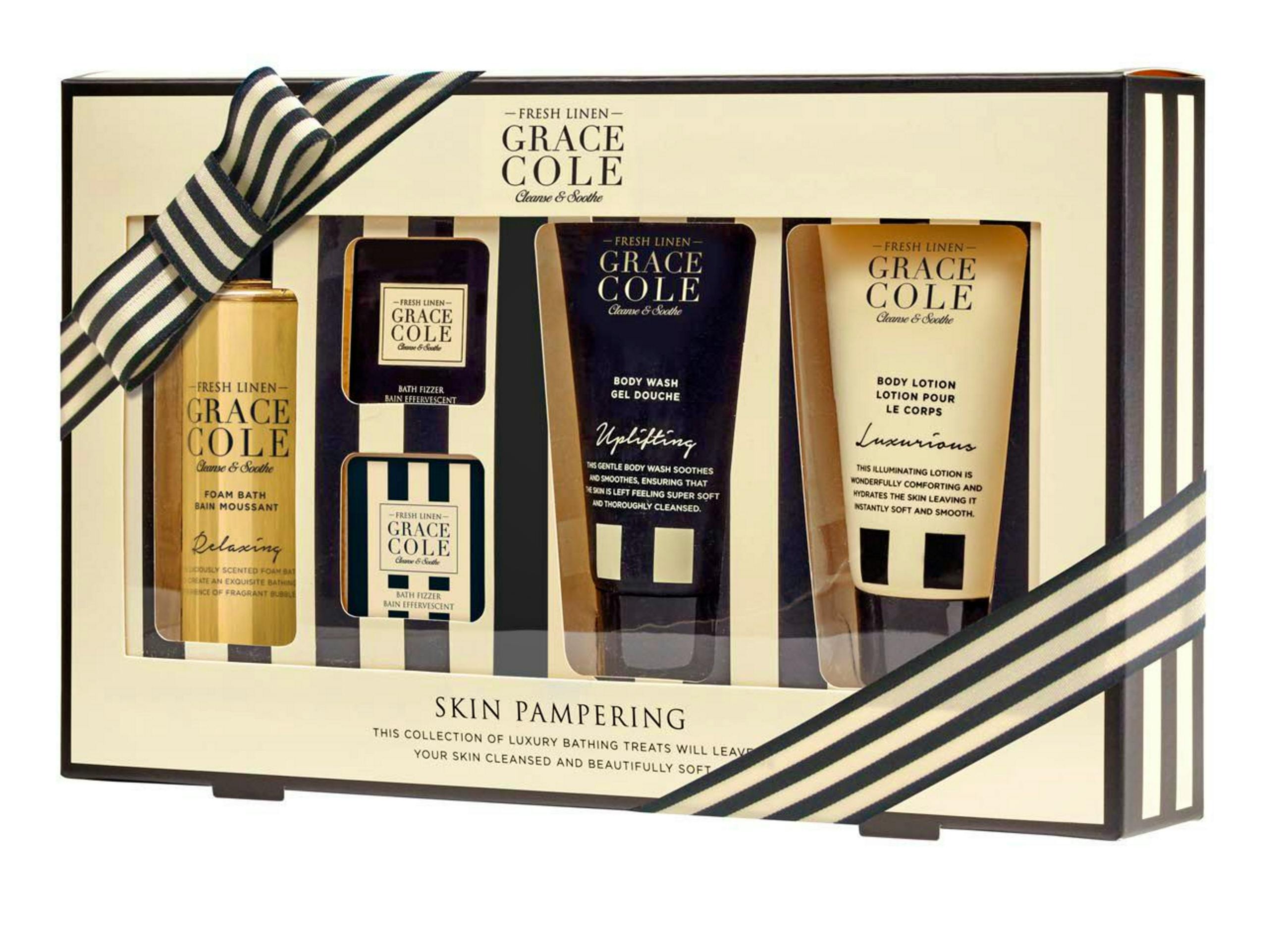Grace Cole Fresh Linen Skin Pampering Set 100 ml + 75 ml + 75 ml + 2 st ...