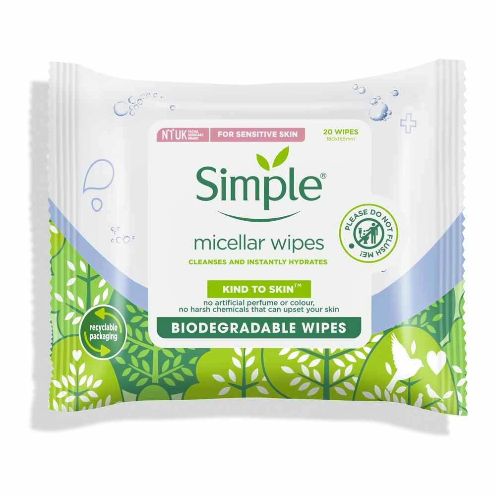 Simple Kind To Skin Biodegradable Micellar Cleansing Wipes 20 pcs - £2.25